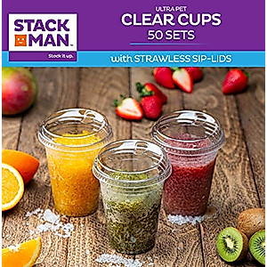 16 oz. Clear Cups with Strawless Sip-Lids, [50 Sets] PET Crystal Clear Disposable 16oz Plastic Cups