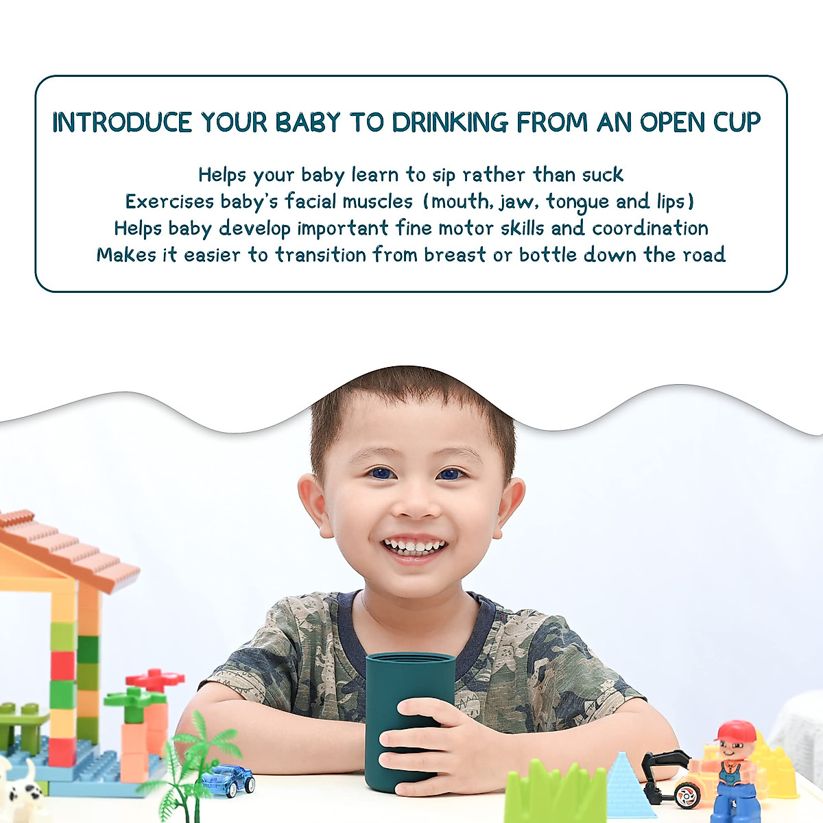 JOYIT Silicone Toddler Open Cup with Straw, Silicone Open Mouth Cup for Baby 6 oz, Baby Training Cup (Hamburger-Ocean Blue)