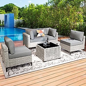 XIZZI Wicker Patio Furniture Set,Outdoor Rattan Modular Sectional Sofa,Outside Coversation Set with Solar Coffee Table for Porch Balcony Backyard Deck Poolside (Grey, 5Pcs Set)