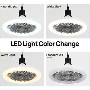 Enclosed Mini Ceiling Fan with Light, No Tools - Screw into any light socket 3 Speed Settings, 3 Brightness Settings up . Adjustable LED Mini Ceiling Fans for Bathroom/Bedroom/Living Room/Garage