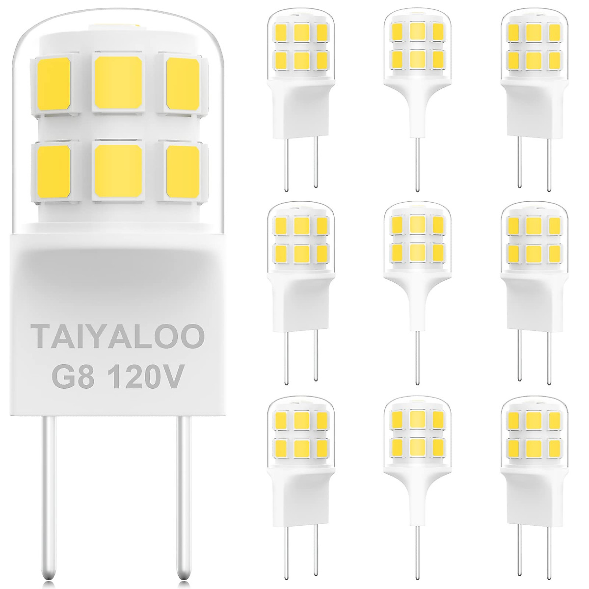 TAIYALOO Dimmable G8 LED Light Bulbs, 20W-25W Halogen Replacement, Natural White 4000K, T4 JCD Type 2-Pin Base, 120V Mini G8 Bulbs for Under Cabinet Puck Light, Under Counter Light (10 Pack)