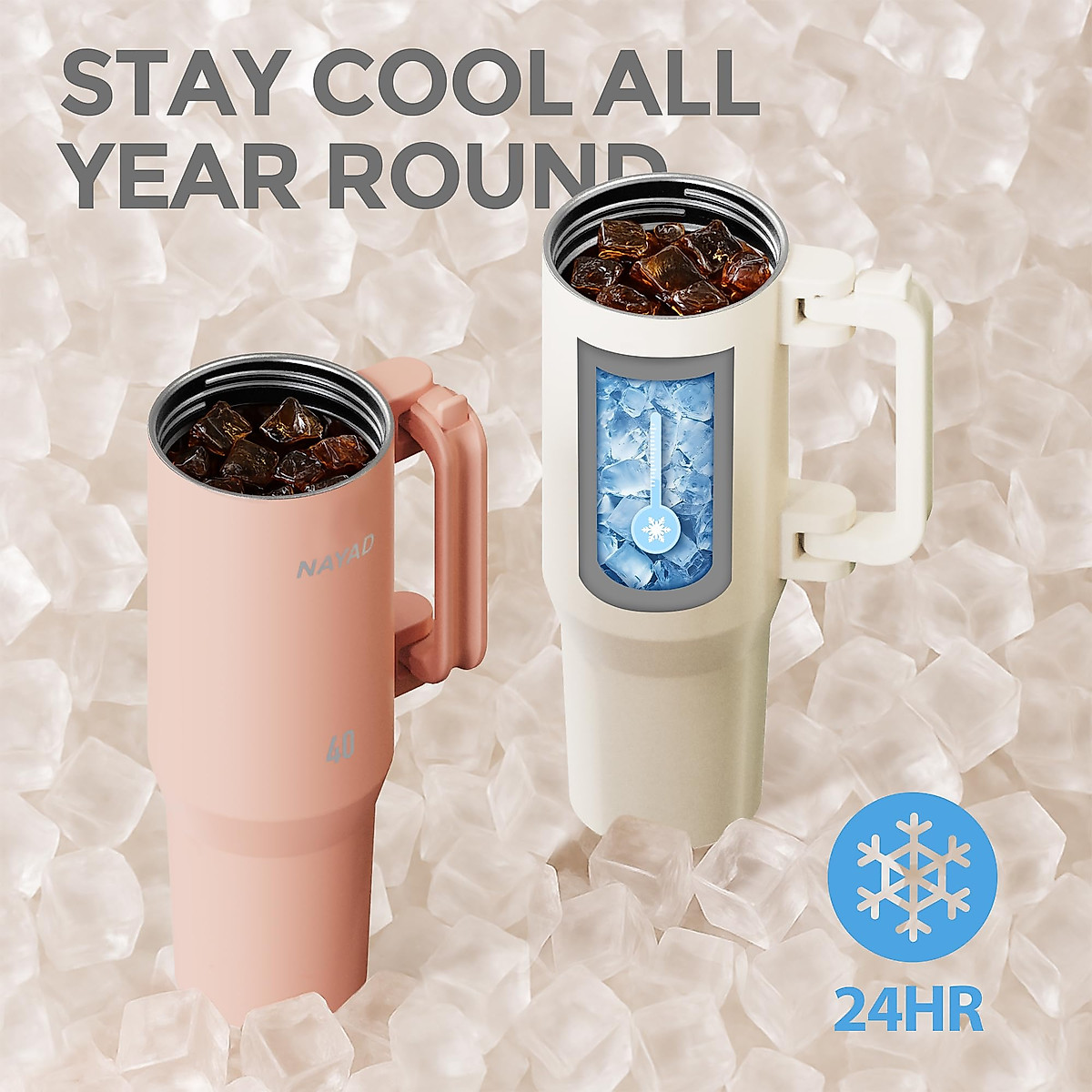 NAYAD 40oz Tumbler with Handle and Straw, Insulated Stainless Steel 40 oz Water Bottle with Flip Lid & Straw Lid,Cup Holder Compatible for Travel, Holiday Gift with Foldable Handle