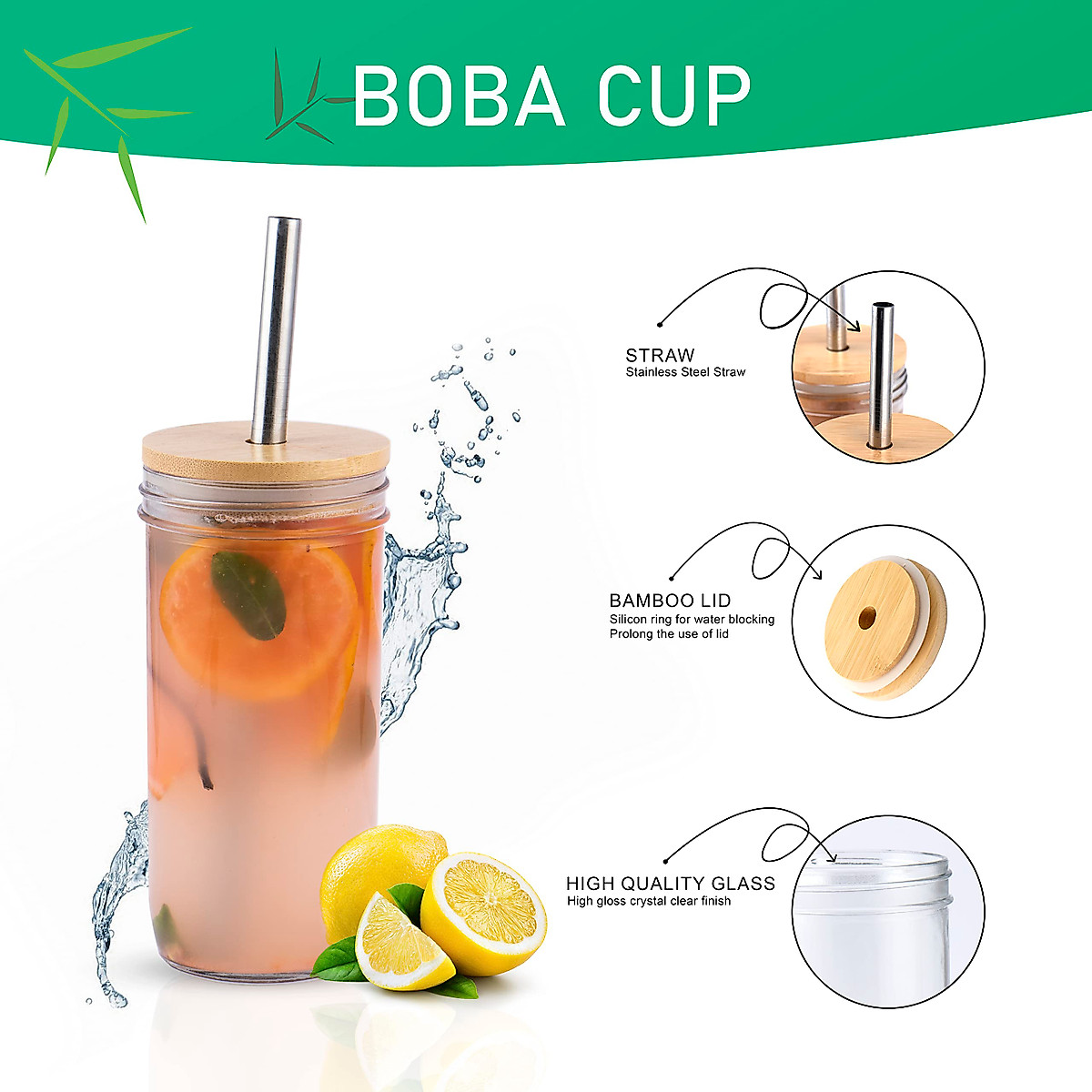 [Pack of 4] Mason Jar Glass Cups With Lids And Straws 24 Oz, Smoothie Boba cup With Bamboo Lids, Reusable Glass Iced Coffee Cups, Wide Mouth Bubble Tea Cup, Leak Proof Glass tumbler Drinking