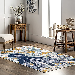 nuLOOM Patricia Machine Washable Octopus Ultra Thin Area Rug, 5x8, Blue
