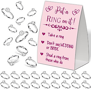 Bridal Shower Games Put A Ring on It,Bridal Shower Decorations,Wedding Game card with Pink Style Rose Red Font,Engagement Party Games,Bridal Shower Favors,Plastic Rings for Bridal Shower Game(14)