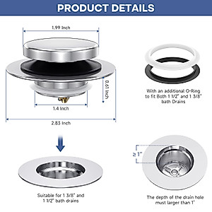 Chrome Plated Universal Tip Toe Tub Stopper and Water Stopper, Pop Up Bathtub Drains Plug, Bathroom Bath Tub Drain Stoppers, Replaces Lift and Turn, Tip-Toe and Trip Lever drains for Tub, EZ Install