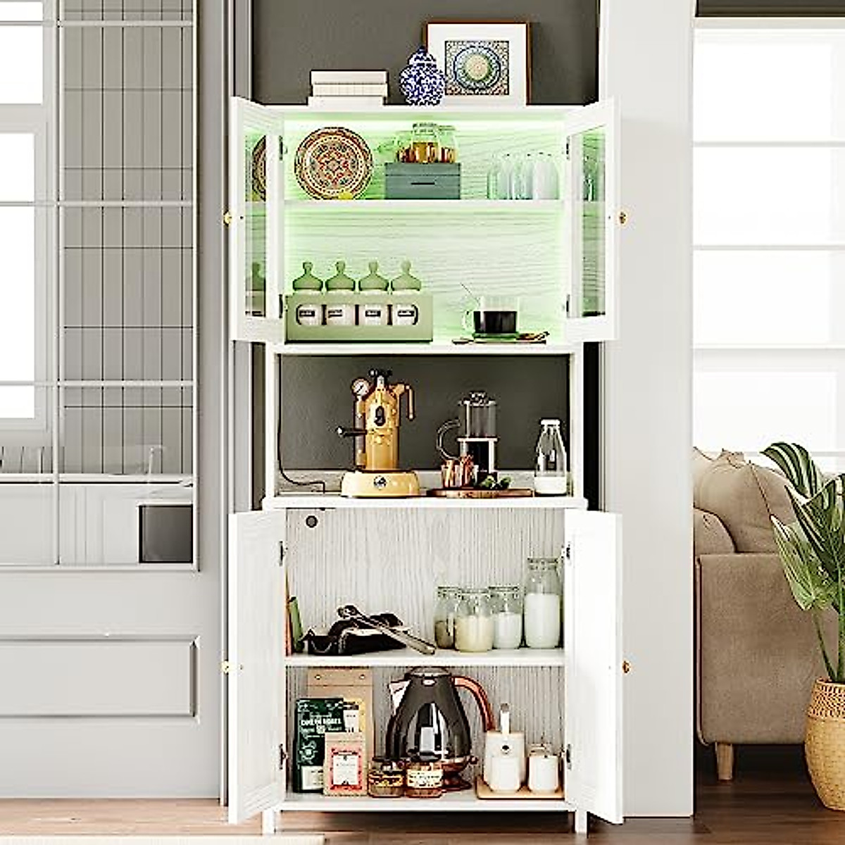 IRONCK 71” Bar Cabinets with LED Light, Power Strip and Glass Holder, Tall Freestanding Liquor Cabinet Bar for Kitchen, Dining Room (White)