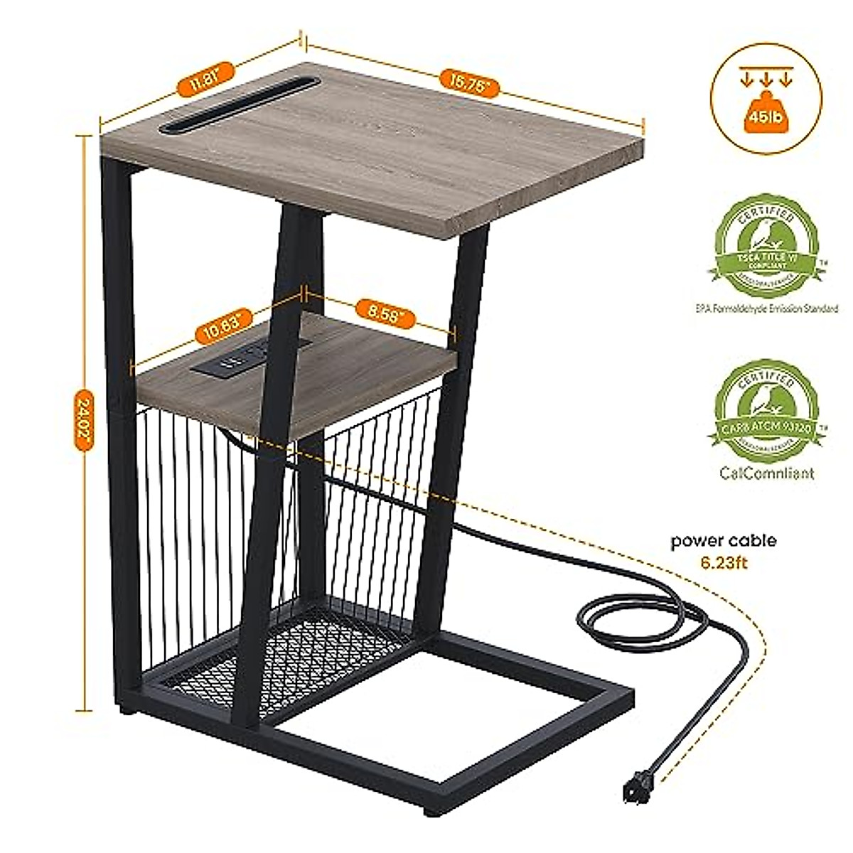 Heybly Side Table C Shaped Nightstand End Sofa Table with Charging Station, Phone Holder, 2 USB Ports and Power Outlets, Snack Couch Tables for Small Spaces, Greige and Black HET001CSG1