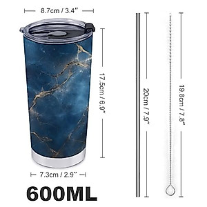 DuduYH 20 Oz Tumbler Travel Cup Elegant Blue Marble Textures Water Bottle, Stainless Steel Vacuum Insulated Coffee Mug with Straw Lid And Cleaning Brush