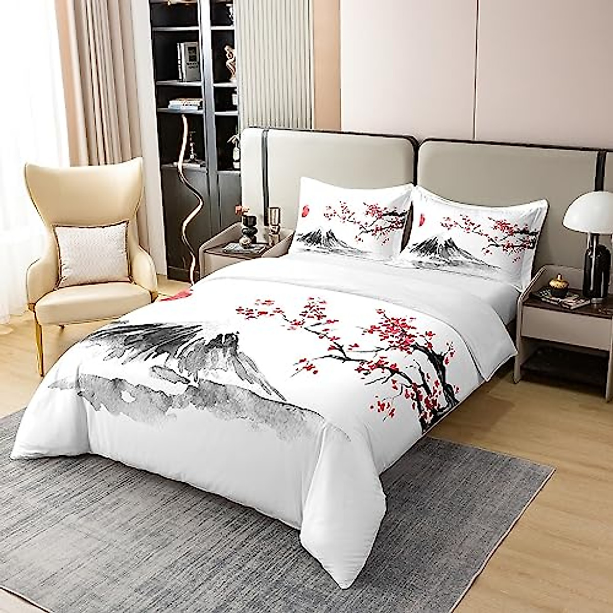 jejeloiu Japanese Style Cotton Duvet Cover Set King Set Exotic Fuji Mountain Printed Bedding Set Girls Women Men Cherry Blossom Comforter Cover Soft Cotton Soft Red Floral Bedspread Cover with Ties