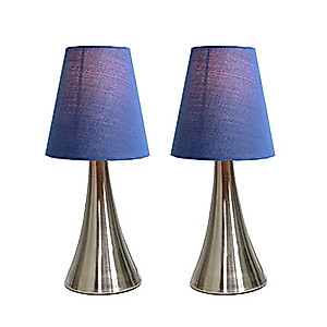 Simple Designs LT2014-BLU-2PK 12" Valencia 2 Pack Contemporary 4 Settings Touch Metal Mini Tapered Table Lamp Set with Fabric Shades for Home Décor, Nightstand, End Table, Bedroom, Living Room, Office, Foyer, Brushed Nickel and Blue