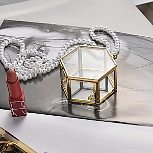 Feyarl Small Gold Glass Jewelry Trinket Tiny Box Ornate Ring Earring Display Box Keepsake Organizer Case Artificial Flower Petals Decorative Box Valentine Wedding Birthday Gift