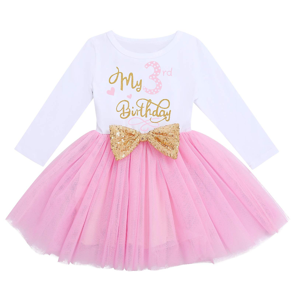 ODASDO Toddler Kids Girl My 3rd Third Birthday Cake Smash Outfit Cotton Long Sleeve Princess A-line Tutu Tulle Dress Bowknot Headband Set Three Years Old Party Clothes Photo Props Pink 3 Years