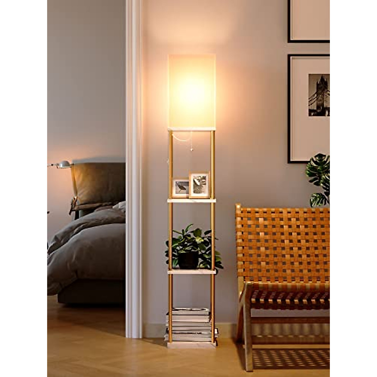 addlon Gold Floor Lamp, 4-Tier Display Floor Lamp with Shelves, LED Floor Lamp with 3CCT Bulb, Modern Floor Lamp for Bedroom, Livingroom and Office - Marble Texture & Gold Frame