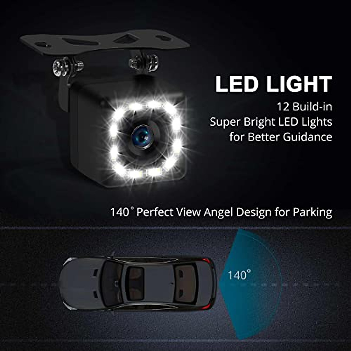 Car Backup Camera, Rear View Camera Ultra HD 12 LED Night Vision, Waterproof Reverse Camera 140° Wide View Angel with Multiple Mount Brackets for Universal Cars, SUV, Trucks, RV and More