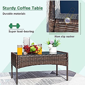 Greesum Patio Furniture 4 Pieces Conversation Sets Outdoor Wicker Rattan Chairs Garden Backyard Balcony Porch Poolside loveseat with Soft Cushion and Glass Table, Brown and Beige