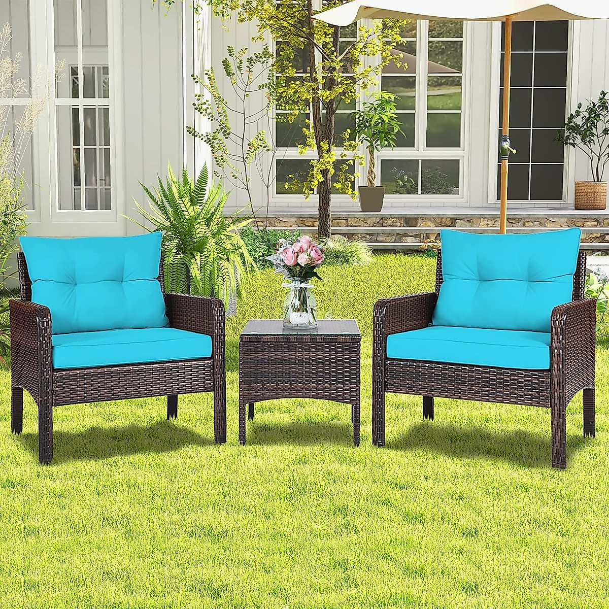 RELAX4LIFE 3-Piece Patio Furniture Set, PE Rattan Wicker Outdoor Conversation Set w/Glass Top Coffee Table & Thick Cushions for Deck Porch Balcony Garden, Bistro Table and Chairs Set of 2 (Turquoise)