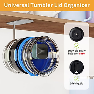 tewodila 2 PCS Tumbler lid Organizer, Kitchen Cup Lid Organizer Inside Cabinet, Water Bottle Lid Holder, Self-Adhesive or Drilling Multi-Functional Storage Hook for Wall (2 Pack)