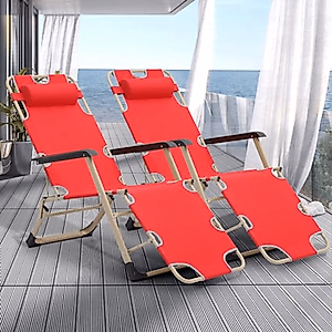 Magshion 2 Pieces Patio Folding Lawn Lounge Chairs Outdoor Lounger Chair Camp Reclining Lounge Chair with Additional Support Bar and Adjustable Headrest for Poolside Backyard