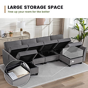 DIFY Modular Sectional Sofa Couch with Storage Seat, Oversized U-Shaped Reversible Couch for Living Room, Apartment and Office, 6 Seat Sofa with 8 Armrests, Convertible Chaise Sofa, Velvet Grey.