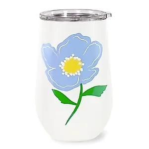 kate spade new york Insulated Stainless Steel Wine Tumbler, 16 Ounce Double Wall Tumbler, Blue Stemless Travel Cup with Lid, Sunshine Floral