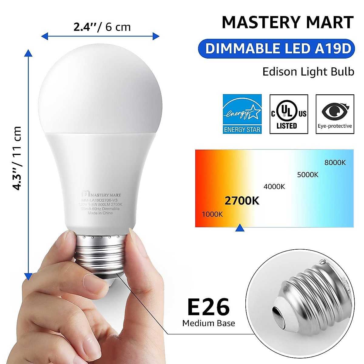 MASTERY MART Led Light Bulbs 10 Watt [60 Watt Equivalent], A19 - E26 Dimmable, 2700K Soft White, 800 Lumens, Medium Screw Base, Energy Star, UL Listed (Pack of 6)
