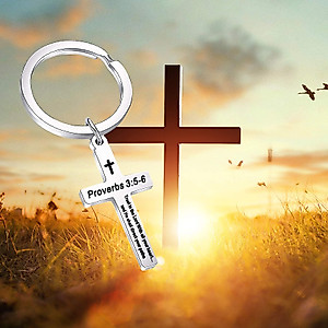 BEKECH Christian Keychain Trust in The Lord Proverbs 3:5-6 Keychain Cross Charm Religious jewelry Christian Gift (silver cross)