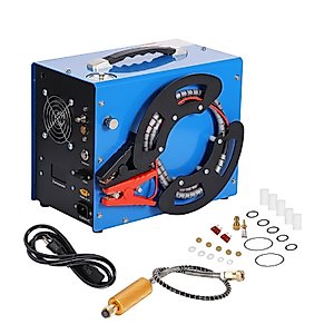 PCP air compressor, 4500psi, 300bar, 30mpa, 110VAC/12V unique vertical+wire core portable design, automatic stop, oil-free/waterless, 8mm quick connector for color bullets/PCP air rifles/tanks, Blue