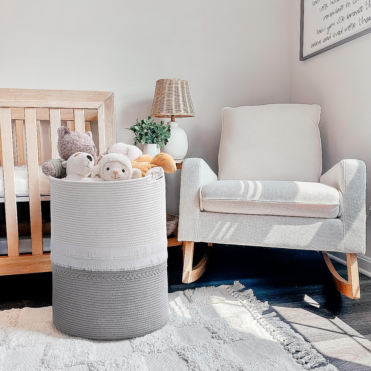 CherryNow Tall Laundry Hamper Baby Hamper for Nursery, Kids, Clothes Basket for Bedroom, Decorative Basket for Home Decor, Rope Laundry Basket Organizer, 16 x 22 inches, 69L, Grey