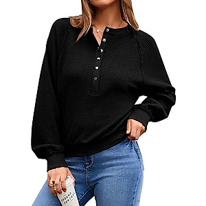 PRETTYGARDEN Fall Casual Sweatshirt for Women v Neck Long Sleeve Jumper Loose Knit Henley Top Button Slouchy Pullover Oversized Crop Sweater (Black, X-Large)