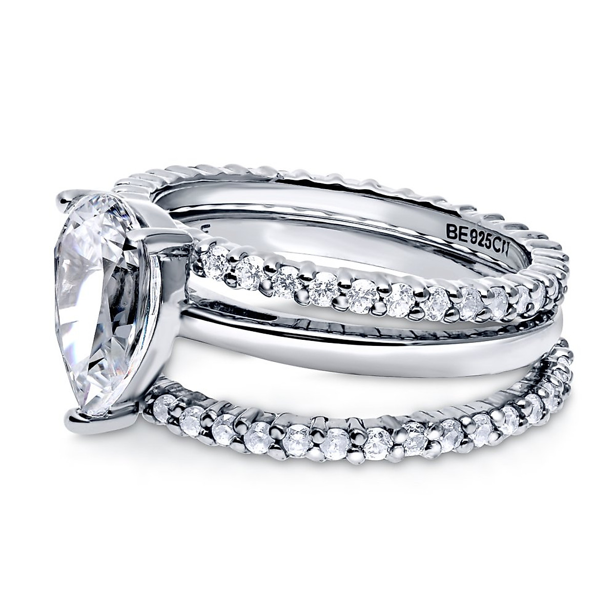 BERRICLE Sterling Silver Solitaire Wedding Engagement Rings 1.8 Carat Pear Cut Cubic Zirconia CZ Ring Set for Women, Rhodium Plated Size 6