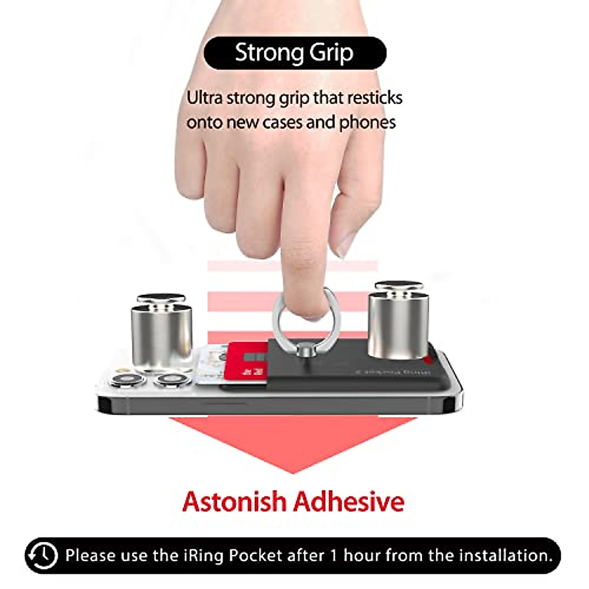 iRing Pocket, Made in Korea, Card Cell Phone Ring Grip Holder. Holds 2 Cards. Phone Wallet Card Holder with Finger Grip. Compatible with iPhone, Galaxy, Other Android Smartphones.(Black)