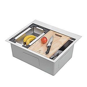 STARSTAR Workstation Ledge Topmount/Drop-in Single Bowl 304 Stainless Steel Kitchen/Yard/Bar/Laundry/Office Sink, With Grid, Colander, Cutting Board, Strainer (23 x 20 x 9-Black Colander)