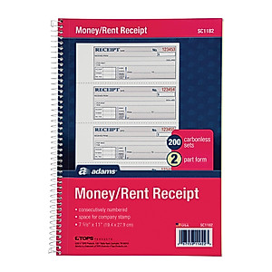 Adams Money and Rent Receipt Book, 2-Part Carbonless, 7-5/8" x 11", Spiral Bound, 200 Sets per Book, 4 Receipts per Page (SC1182), White/Canary