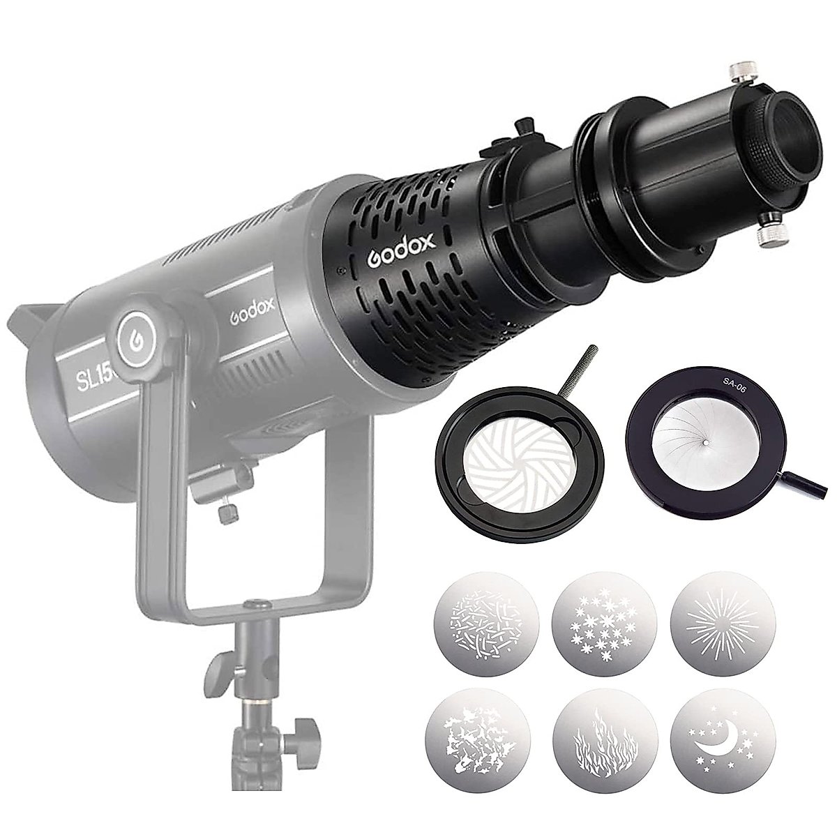 Godox SA-17 Bowens Mount Adapter with Godox SA-P Projection Attachment + SA-06 Iris Diaphragm + SA-09-001 GOBO Set + SA-10 GOBO Set Holder Create Theatrical Effect for Bowens Mount LED Video Light