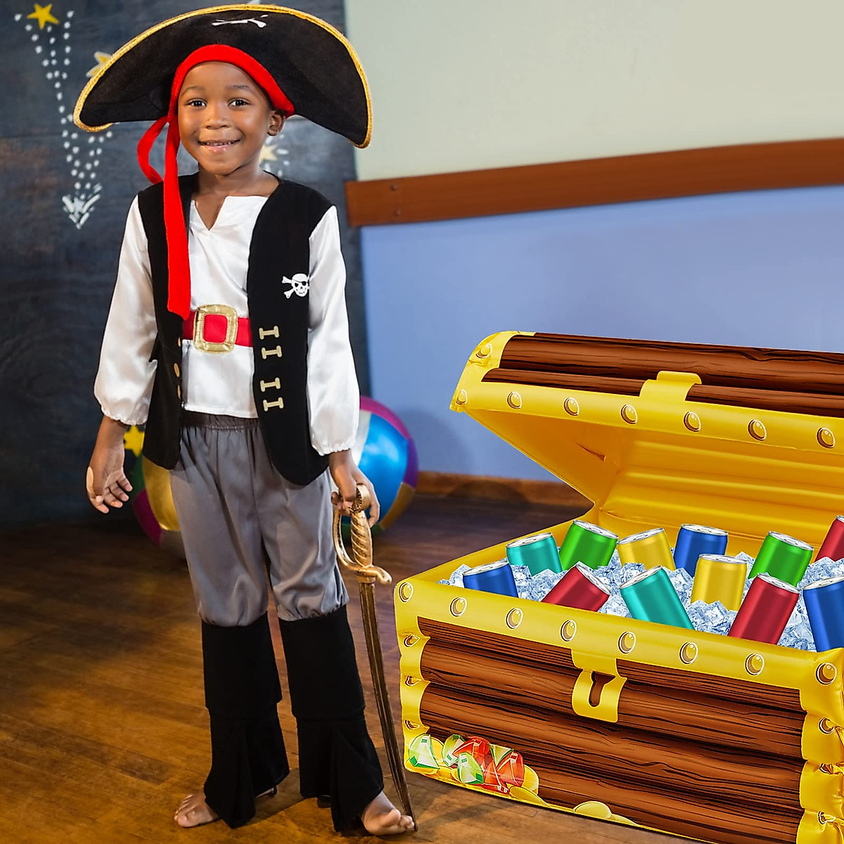 Inflatable Treasure Chest Cooler Blow up Drink Cooler Pirate Party Decorations for Beach Poolside Retro Theme Party Decors (2 Pieces)