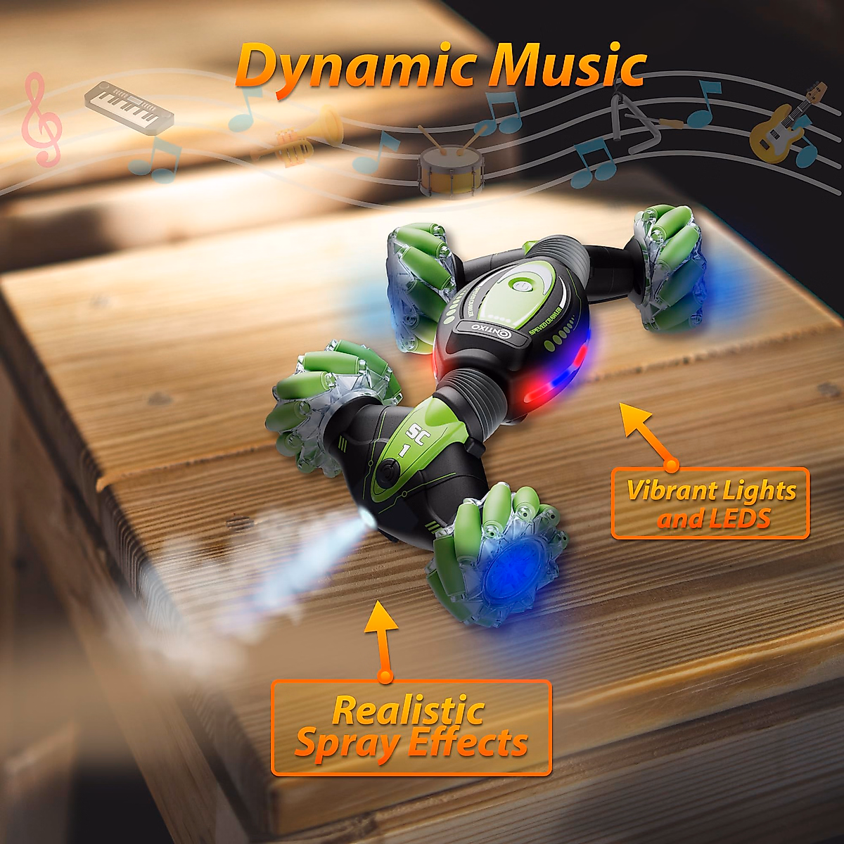 Contixo SC1 All Terrain Speed Crawler RC Stunt Car, 4WD 2.4GHz Remote Control Car, Gesture Sensor Toy Cars, Double Sided Rotating 360° Flip Offroad Vehicle with Lights Music, Kids Toy Cars, Green