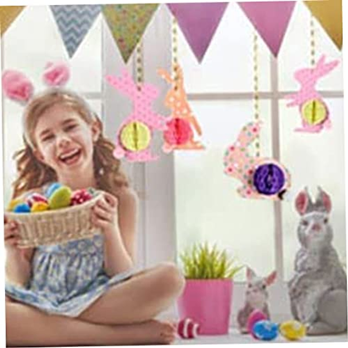 KUYYFDS Easter Decorations,Easter Decorations,Bunny Decorations for Home Rabbit with Honeycomb Paper Ball Bunny Ornament, Honeycomb Balls Party Decorations The Easter Party 4Pcs