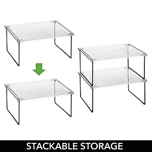 mDesign Metal Stacking Storage Organization for Kitchen Cabinet Shelves in Pantry, Cupboard, Fridge/Freezer - Organizer Stand for Plates, Bowls, Mugs, Ligne Collection, 4 Pack, Clear/Matte Black