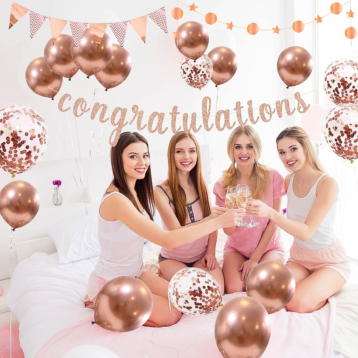 Rose Gold Congratulations Decorations Set Congratulations Banner,Pennant,Star Circle Dots Garland,Hanging Swirls.Baby Shower,Graduation,Retirement,Wedding,Birthday,Anniversary Party