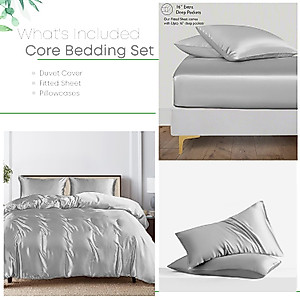 Linenwalas Tencel Lyocell Duvet Cover Set with Deep Pocket Fitted Sheet, Viscose Made from Eucalyptus Soft, Lightweight and Breathable Complete Bedding Set (Silver, Queen)