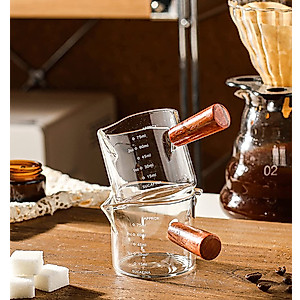 Espresso Shot Glass 75ML Double Spouts Espresso Measuring Cup Milk Cup Espresso Accessories with Wood Handle for Barista Coffee Espresso Making (2 Pack)