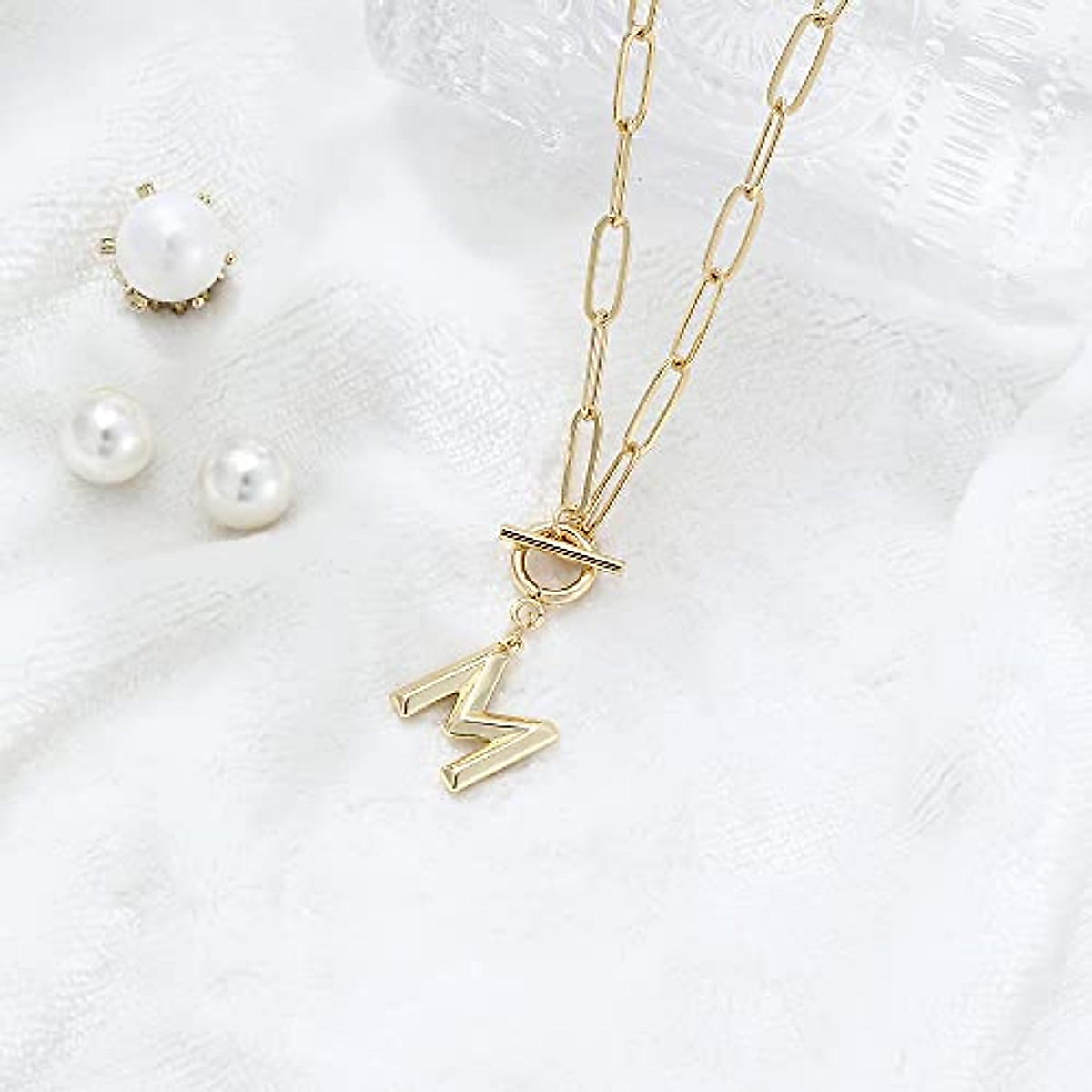 Eben-Ezer Toggle Clasp Capital A-Z Initial Necklace for Women Hiphop Gold Alphabet Pendant Necklaces Thick Chain OT Buckle Necklace(M)