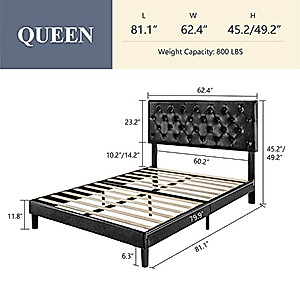 Allewie Queen Bed Frame with Adjustable Diamond Stitched Button Tufted Headboard/Faux Leather Upholstered Platform Bed with Easy-Assembly Wood slats, Black