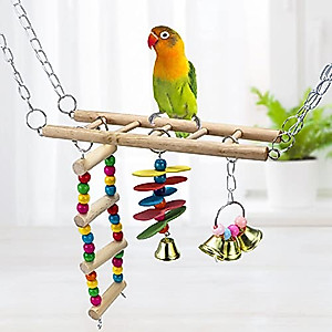 Bird Ladder Toy Hanging Swing Natural Wood Hammock Toy for Small Parrot Parakeet Cockatiel African Grey Cockatoos Conure Finch Cage Accessories(B)