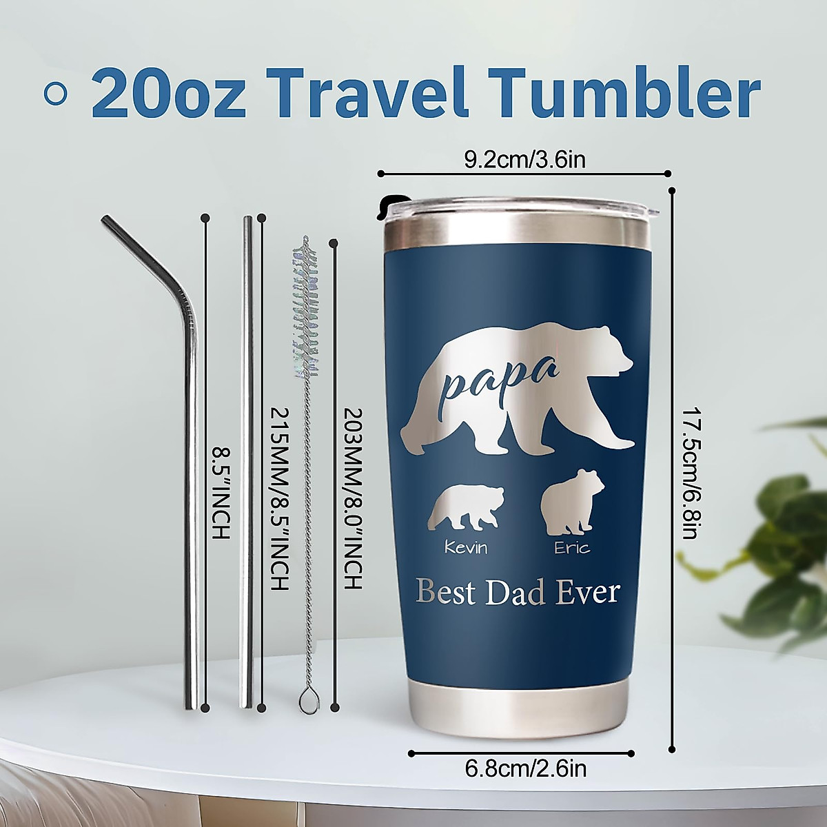 Personalized Tumbler with Names,Best Gifts for Dad, 10 Colors, Custom 20oz Stainless Steel Coffee Tumbler, Insulated Tumblers with Lid and Straw, Christmas Anniversary Birthday Gifts (Papa Bear, 20oz)