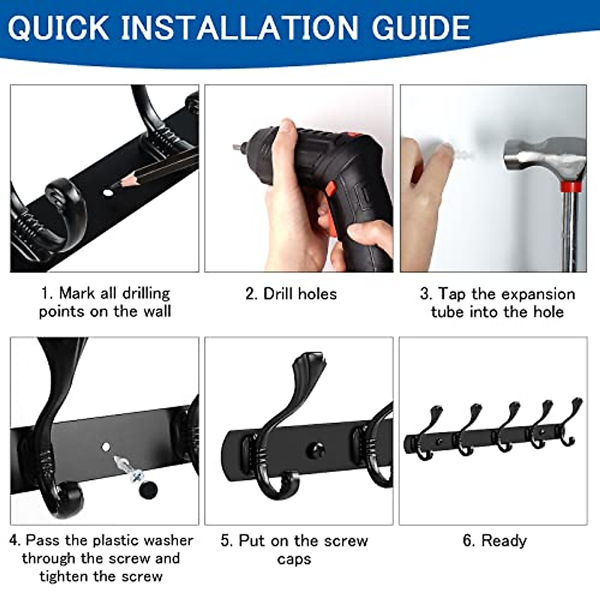 MOKANI Coat Rack Wall Mounted 2 Pack, Stainless Steel Wall Coat Hooks, Heavy Duty Metal Hook Rack Rail for Hanging Clothes Towel Coat Hat Key Robes Entryway Bathroom Kitchen (5 Hooks,Black)