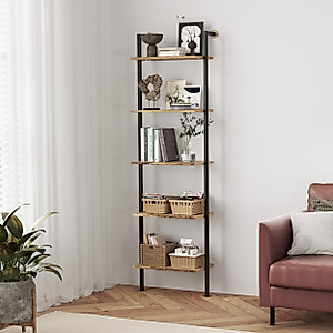 5-Tier Bookshelf Solid Wood Ladder Shelf, Narrow Book shelf Display Shelf, Wooden Ladder Shelf Bookcase, Wall Mount Ladder Shelf, Storage Rack for Living Room, Bedroom, Industrial Style, Rustic Brown