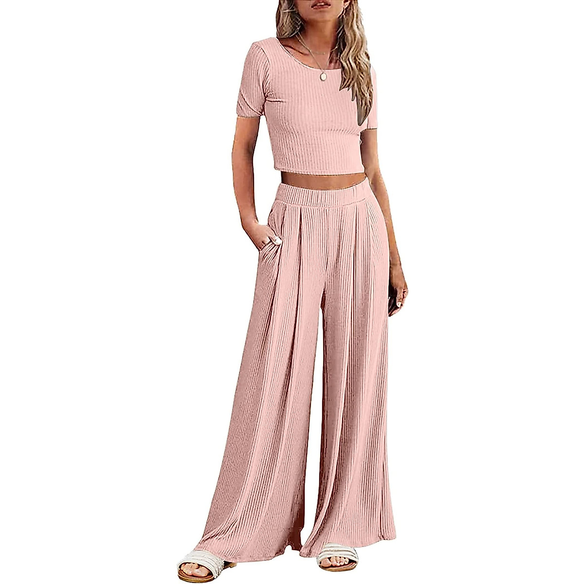 Ekouaer Women's 2 Piece Lounge Sets Short Sleeve Pajama Set Ribbed Knit Crop Top Wide Leg Pants Loungewear,Light Pink,L