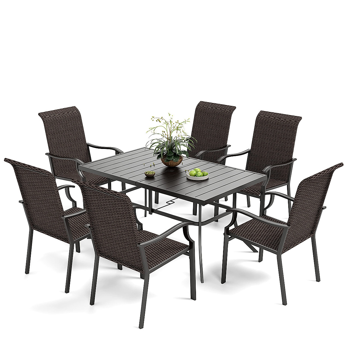 MIXPATIO Outdoor Patio Dining Set, 7 Pcs Patio Furniture Dining Table Chair Set, 6 Rattan Chairs and 1 Metal Dining Table(1.9" Umbrella Hole), for Lawn, Garden, Yards, Poolside